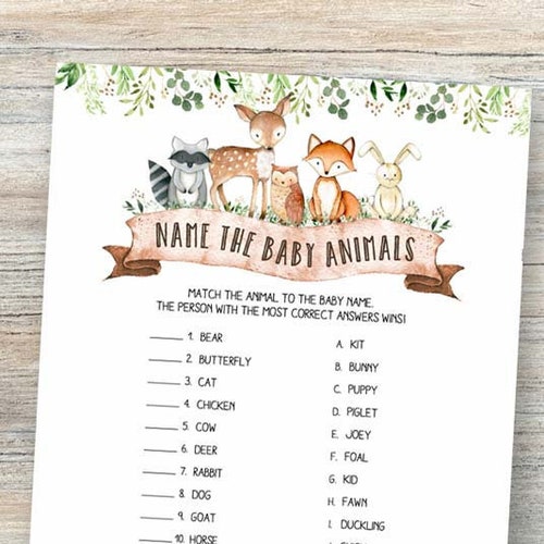 Woodland Baby Shower Games Name the Baby Animals Game | Etsy