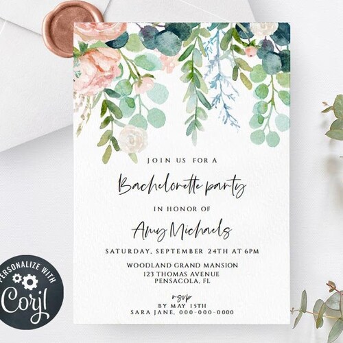 Greenery Floral Bachelorette Party Invitation Template Etsy