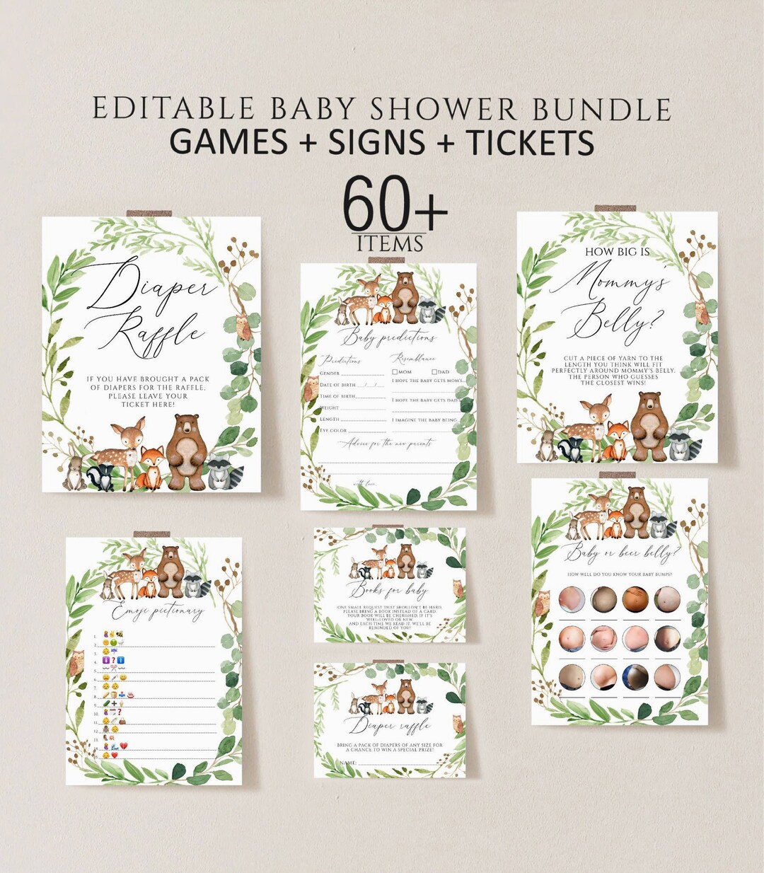 Baby Shower Games Bundle, Printable Baby Shower Game Pack, Woodland ...
