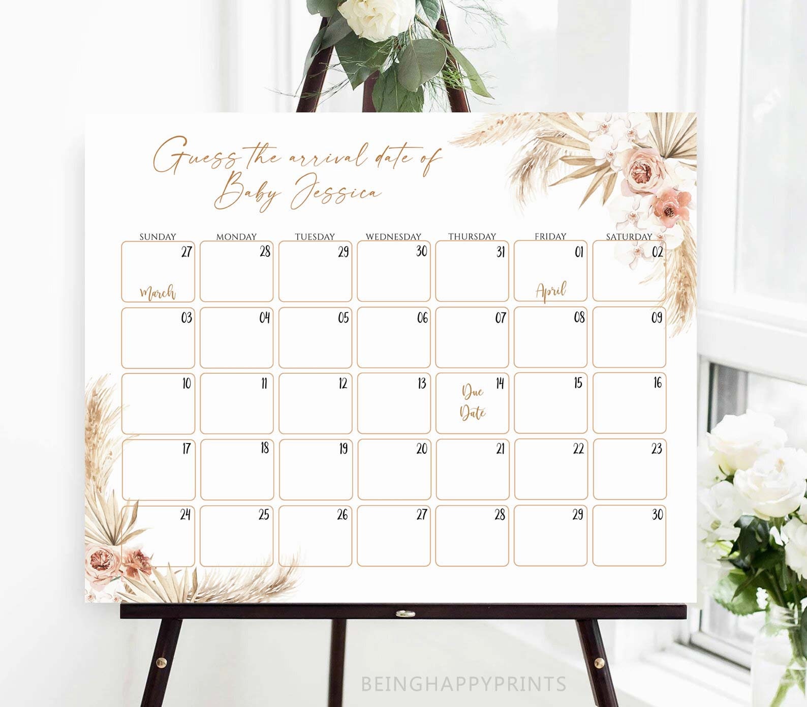 Editable Pampas Grass Baby Shower Due Date Calendar, Boho Baby Shower ...