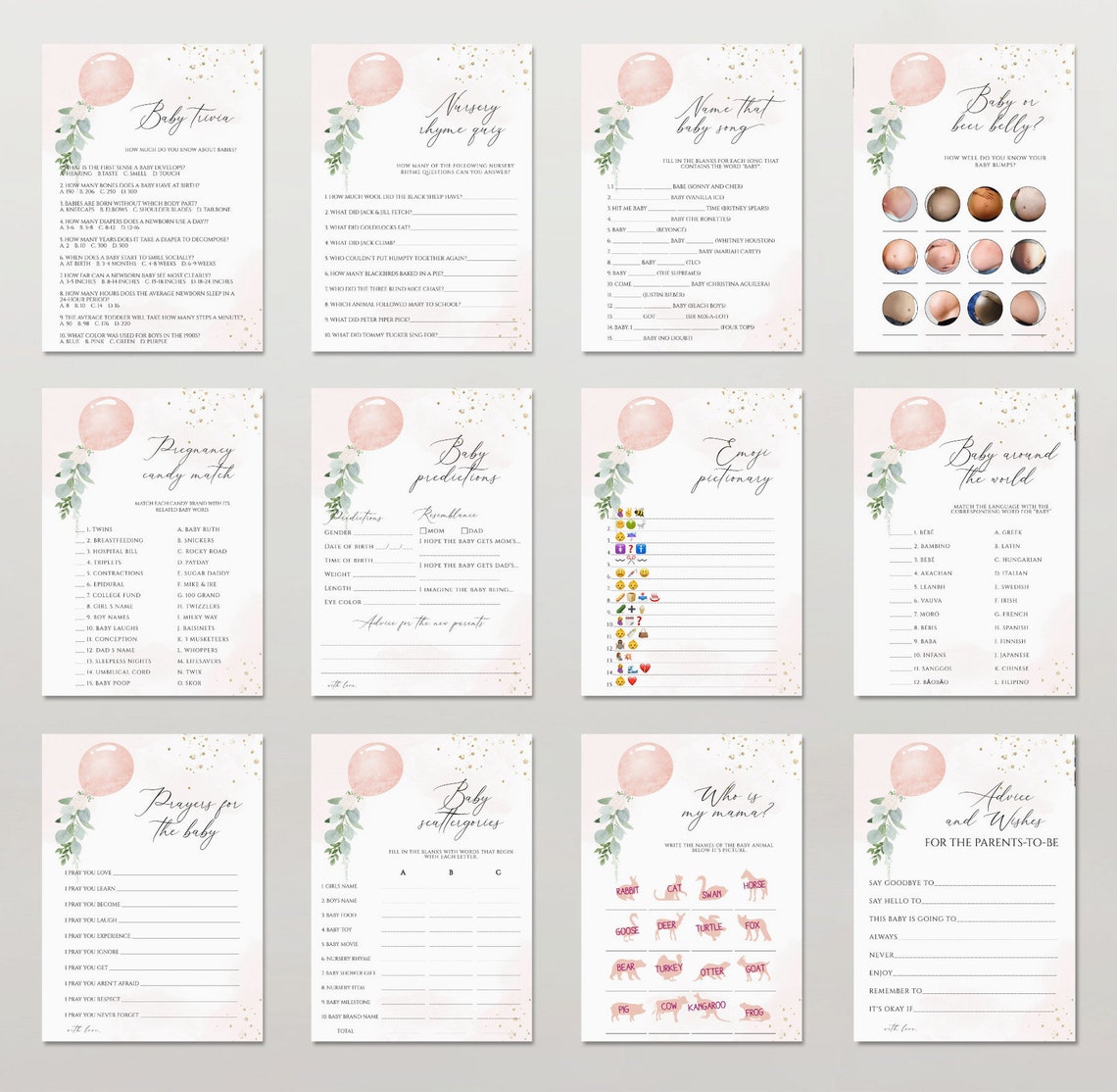 Pink Balloon Baby Shower Games Printable Girl Baby Shower | Etsy
