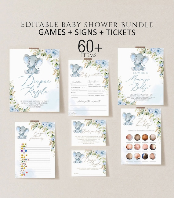 Editable Baby Shower Games Bundle Blue Elephant Instant - Etsy