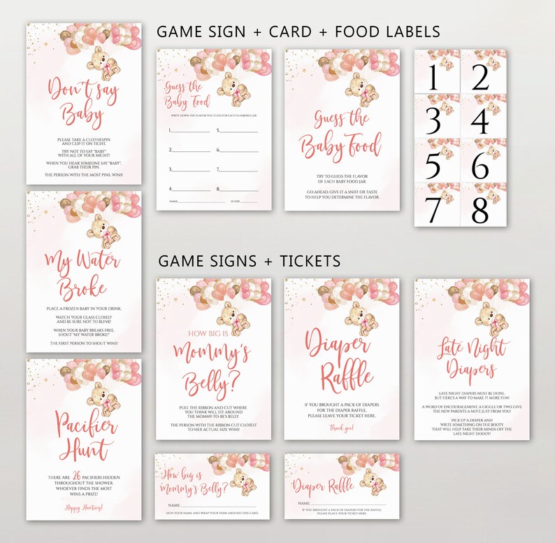 Teddy Bear Baby Shower Games, Girl Baby Shower Games Bundle, Pink ...