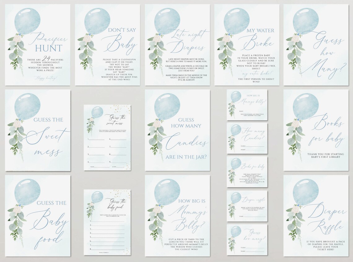 Blue Balloon Baby Shower Games Printable Boy Baby Shower - Etsy