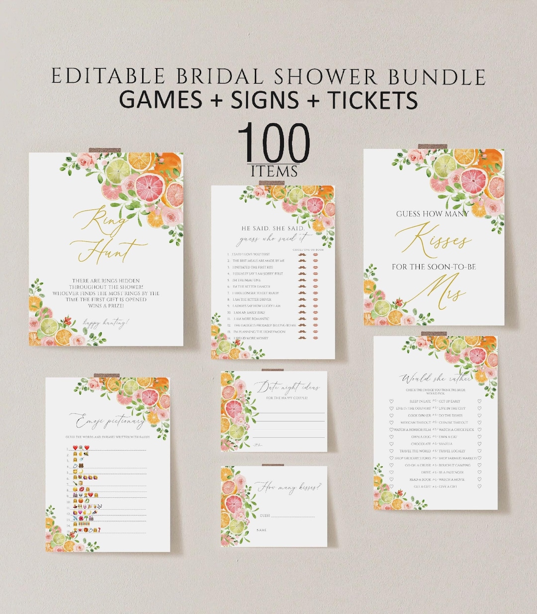 Citrus Bridal Shower Games Bundle, Citrus Floral Bridal Editable ...