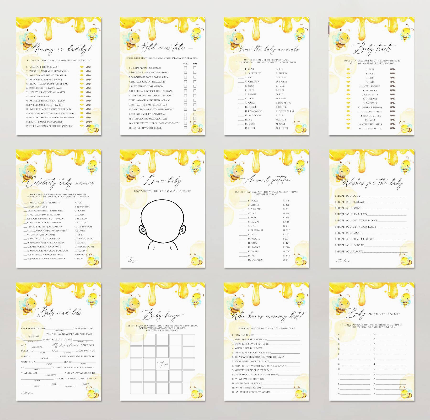 Bee Baby Shower Games Bundle Honey Bee Baby Shower Games - Etsy