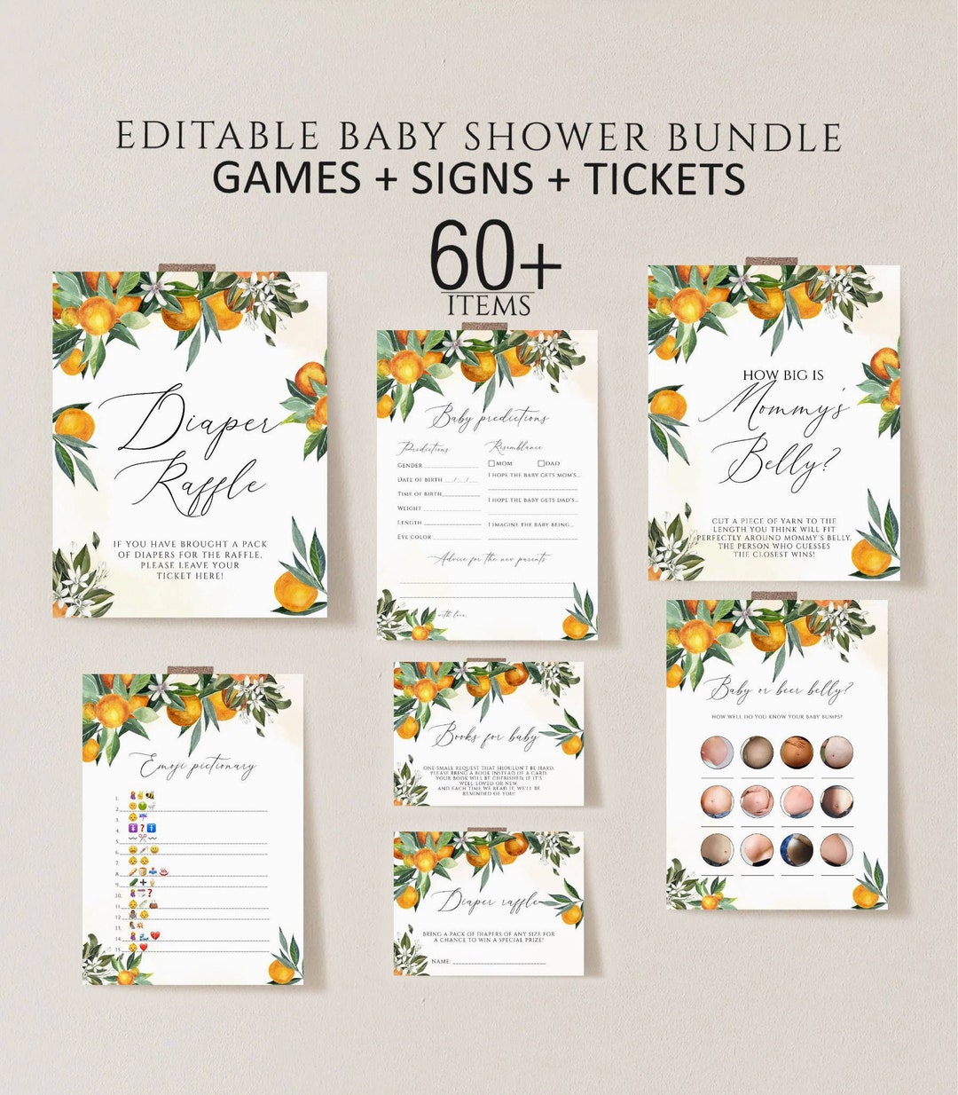 Orange Baby Shower Game Bundle, Editable Baby Shower Games Printable ...