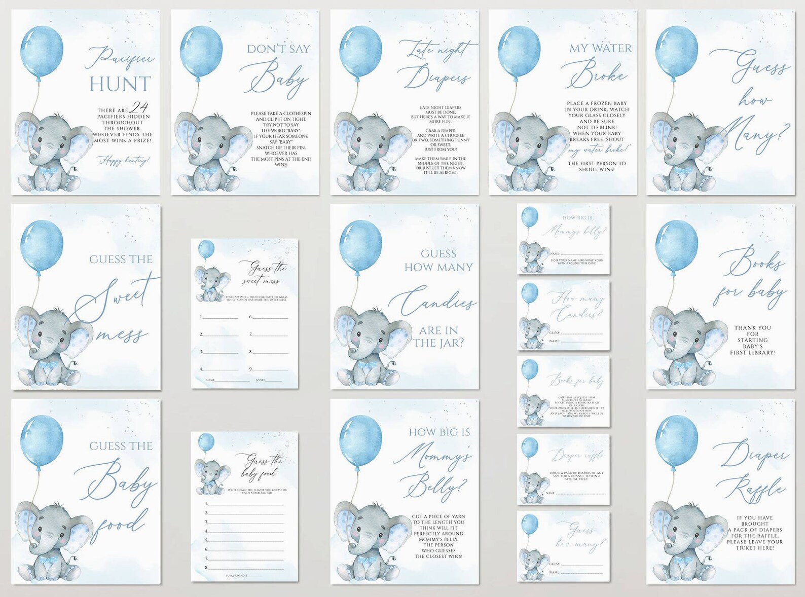 Elephant Baby Shower Games Bundle Blue Elephant Instant - Etsy