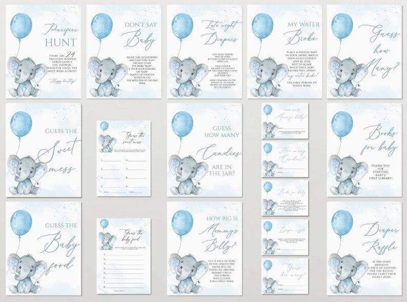 Elephant Baby Shower Games Bundle Blue Elephant Instant - Etsy