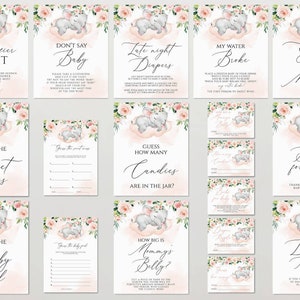 Elephant Baby Shower Games Printable Game Bundle Pink Elephant Girl ...