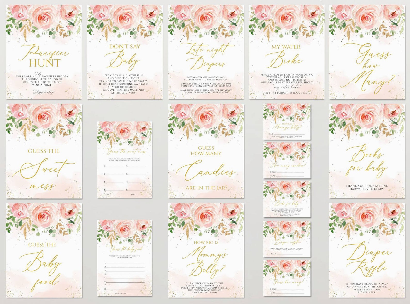 Blush Pink Floral Baby Shower Games Bundle, Editable Baby Shower Games ...