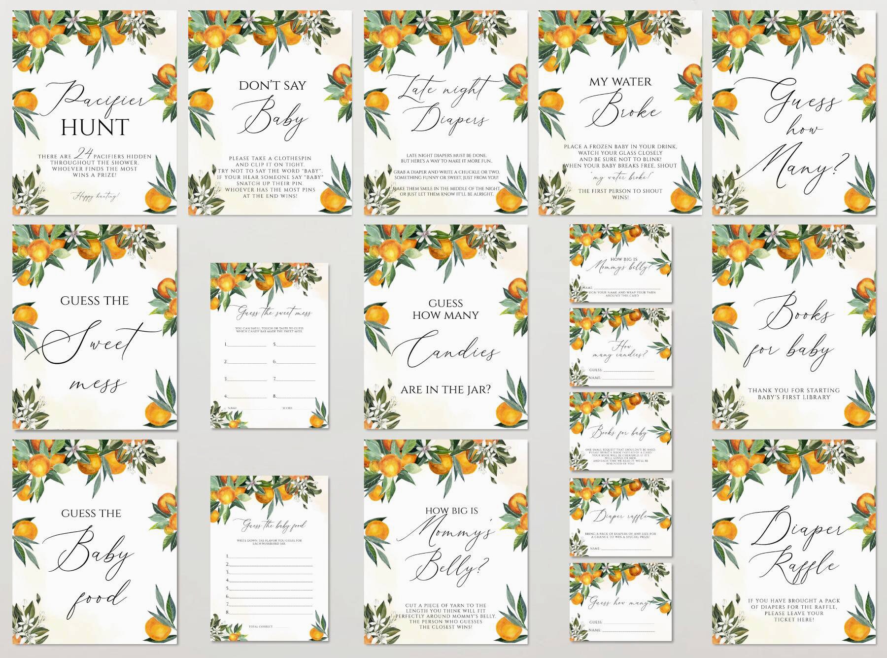 Orange Baby Shower Game Bundle, Editable Baby Shower Games Printable ...