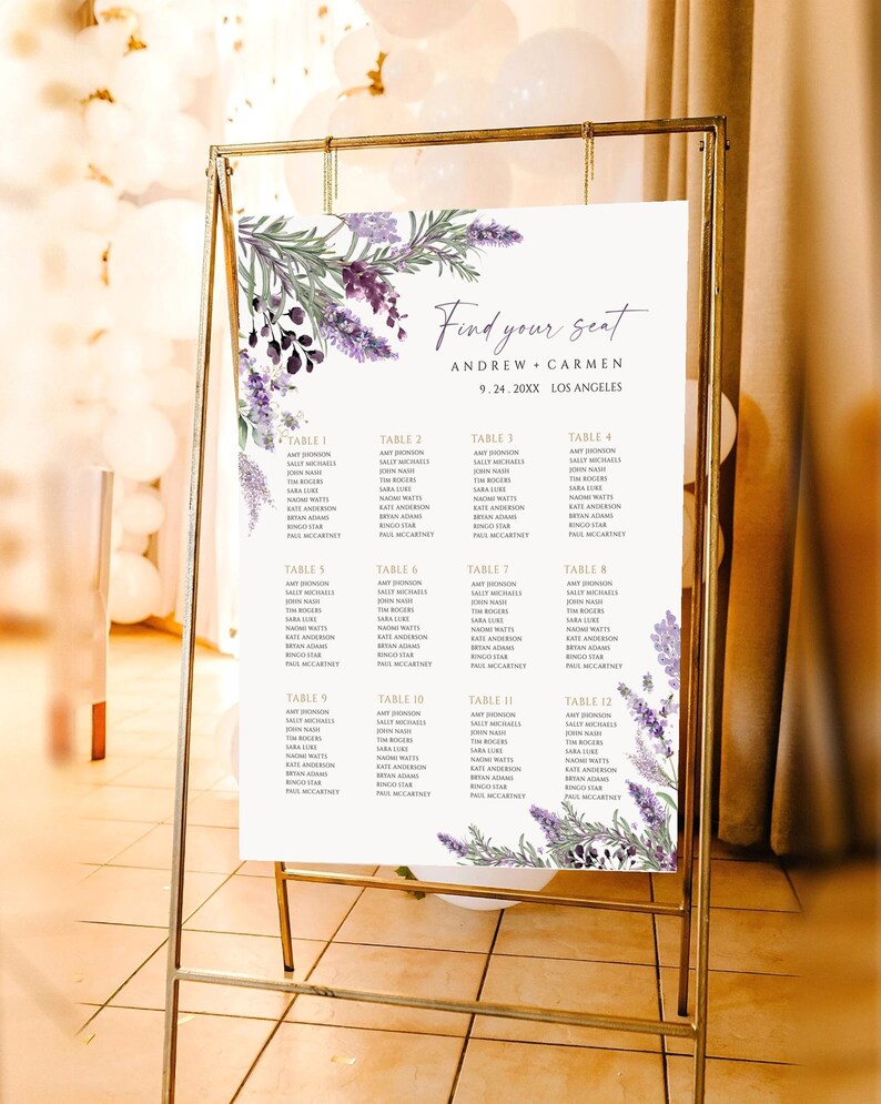 Wedding Seating Chart Template, Lavender Wedding Seating Plan ...
