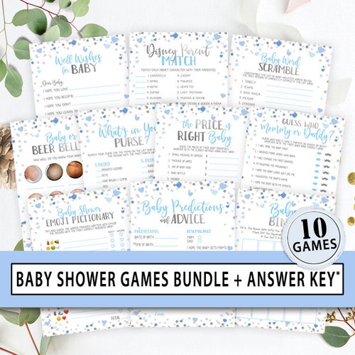 Printable Baby Shower Games Bundle Blue Watercolour Silver - Etsy