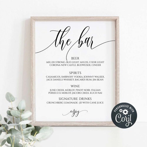 Wedding Bar Menu Sign Printable Calligraphy Bar Menu - Etsy