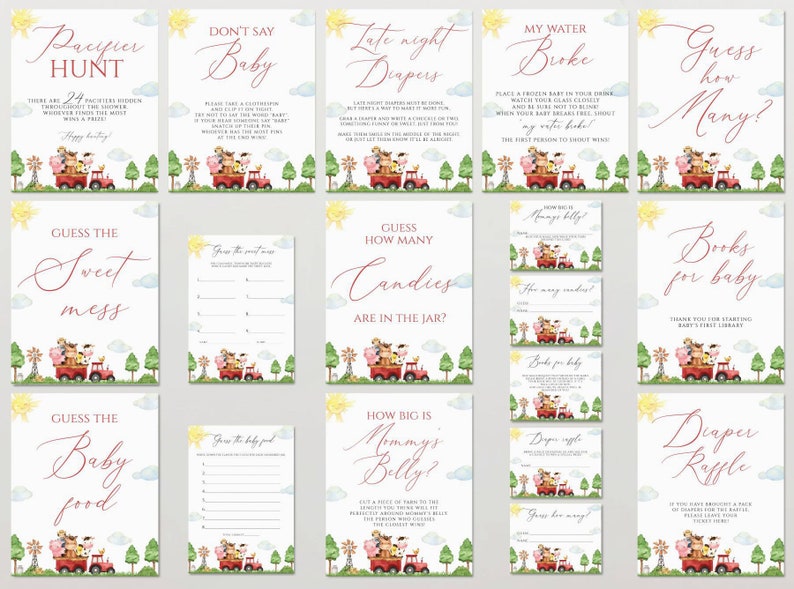 Farm Animal Baby Shower Games Bundle Editable Baby Shower - Etsy