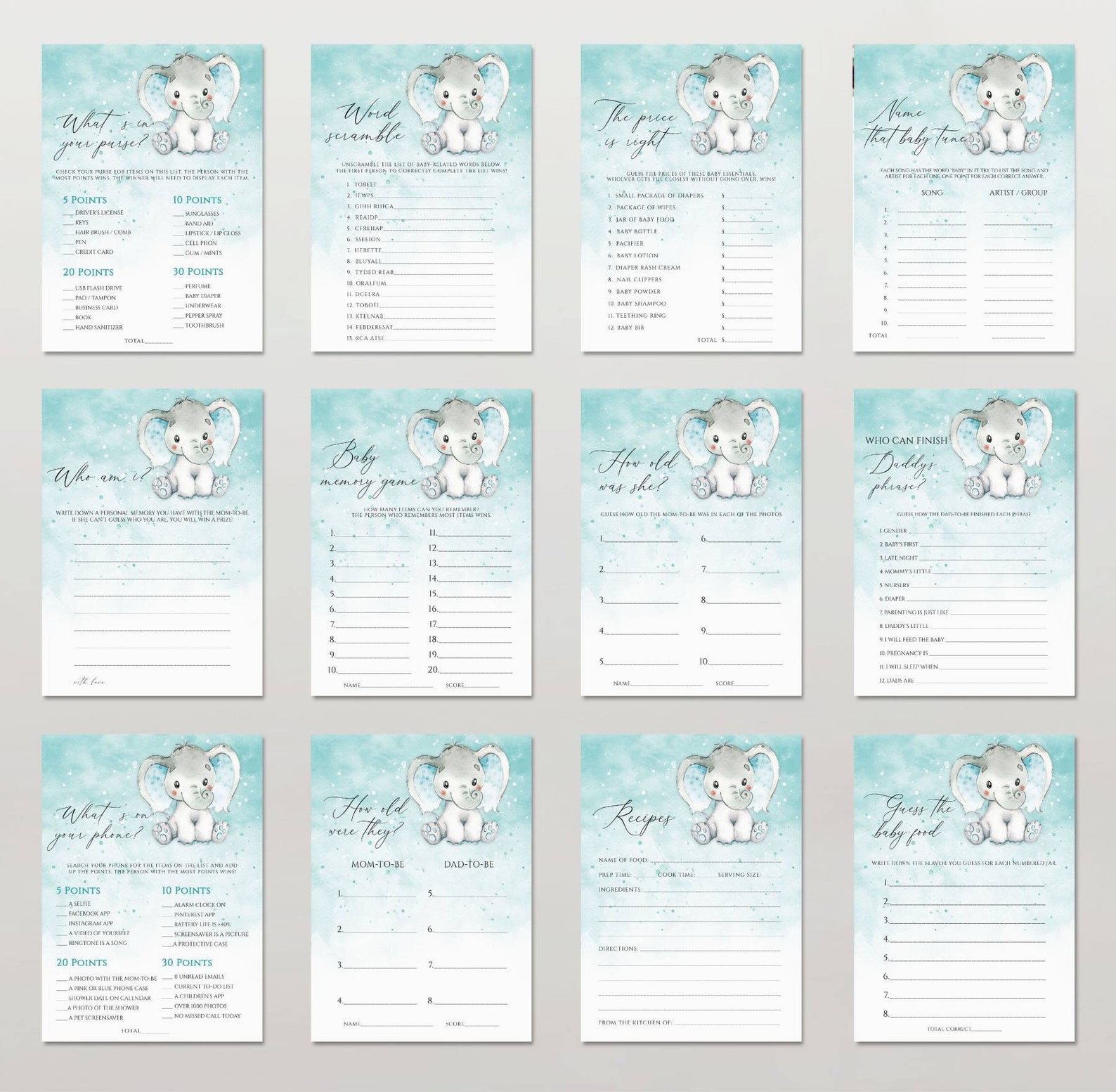 Blue Elephant Baby Shower Game Package Printable Elephant | Etsy