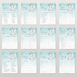 Blue Elephant Baby Shower Game Package, Printable Elephant Baby Shower ...