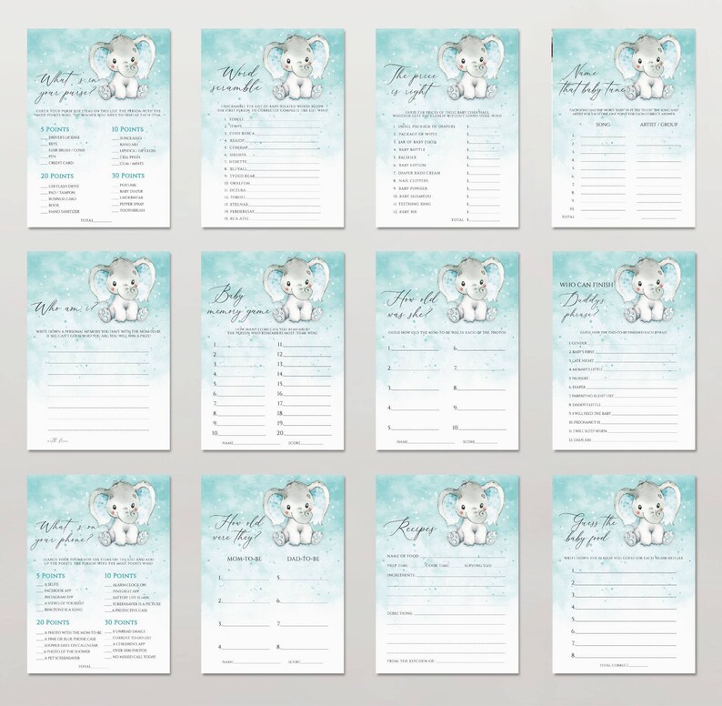 Blue Elephant Baby Shower Game Package Printable Elephant - Etsy