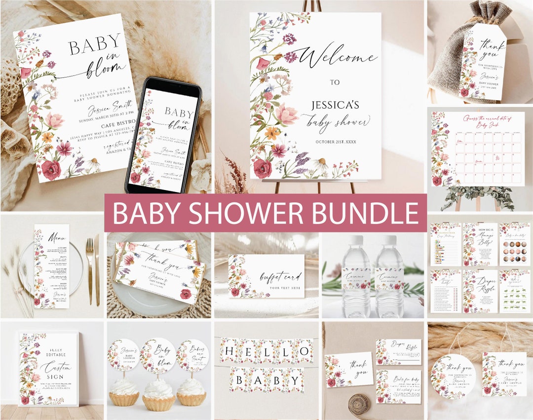 Wildflower Baby Shower Invitation Bundle, Spring Floral Invite ...