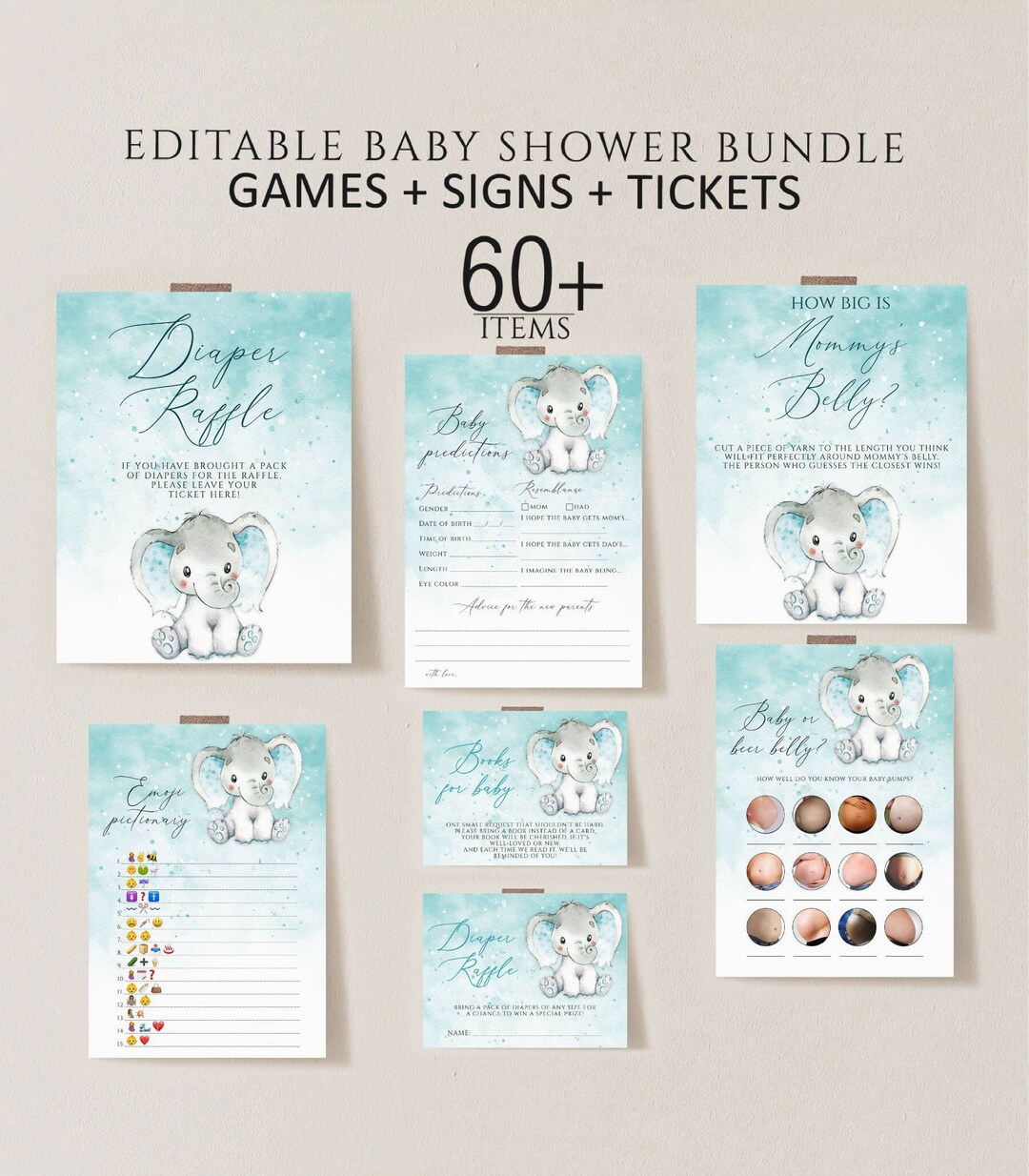 Blue Elephant Baby Shower Game Package, Printable Elephant Baby Shower ...
