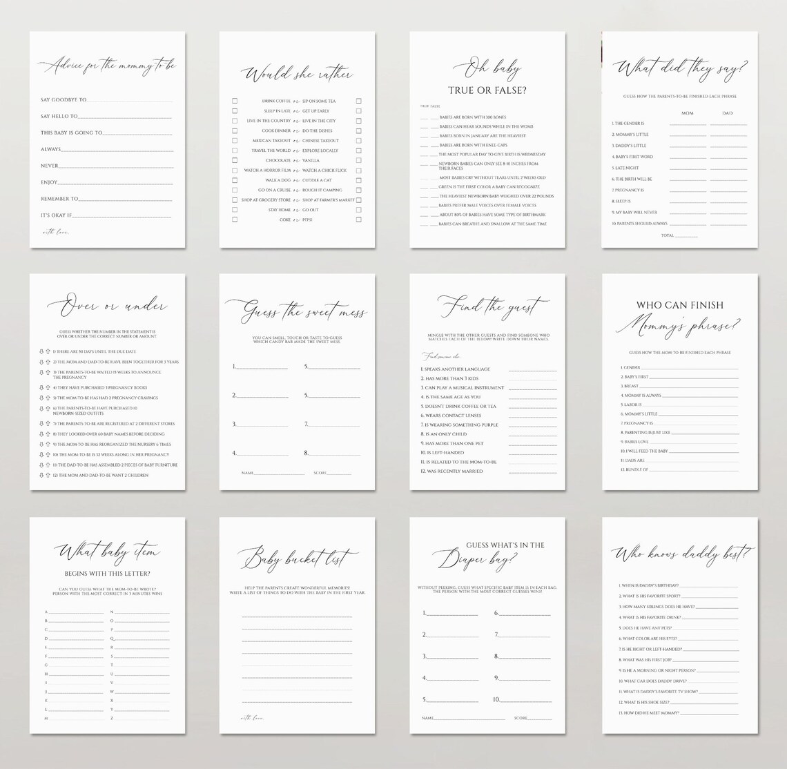 Modern Baby Shower Games Bundle, Minimalist Baby Shower Games, Editable ...