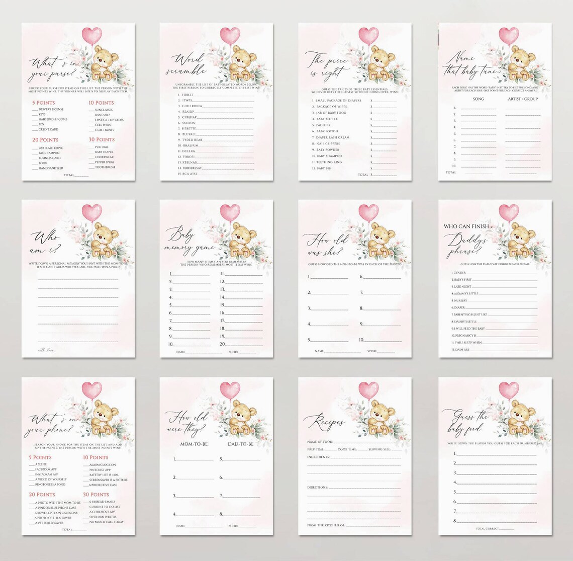 Teddy Bear Baby Shower Games Printable, Editable Baby Shower Games ...