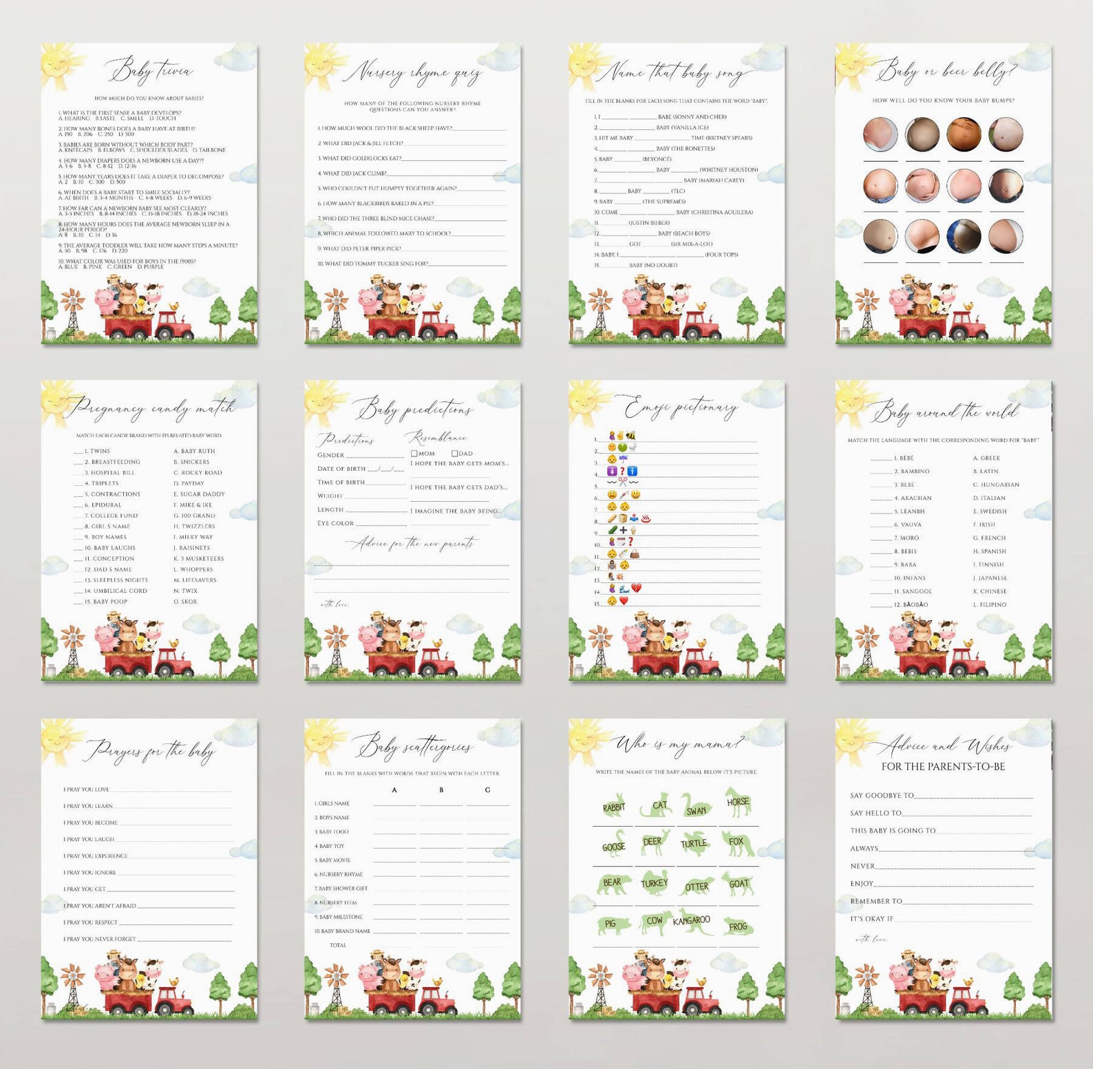 Farm Animal Baby Shower Games Bundle Editable Baby Shower - Etsy