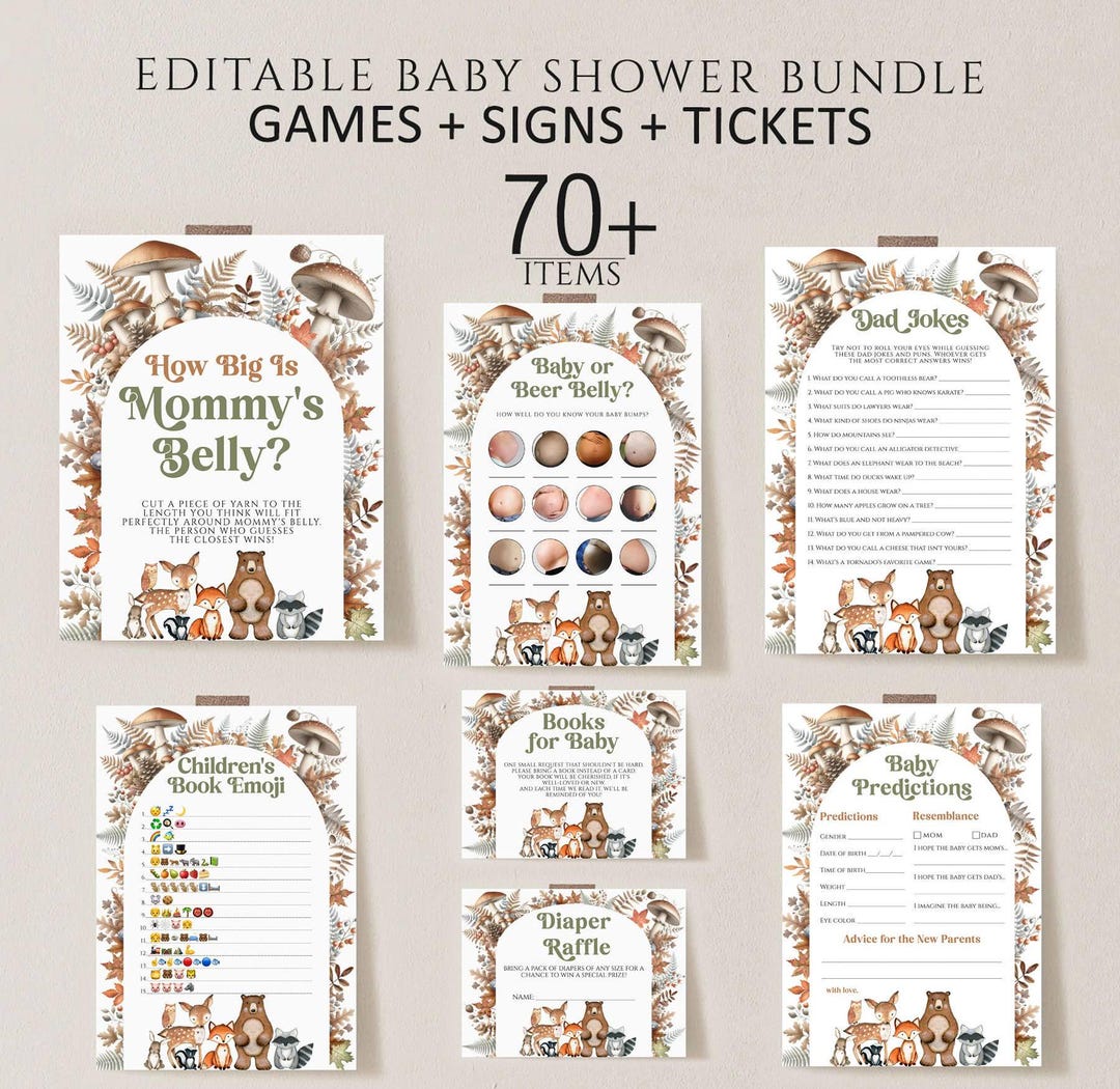 Woodland Animals Baby Shower Games Bundle, Editable Signs (instant ...