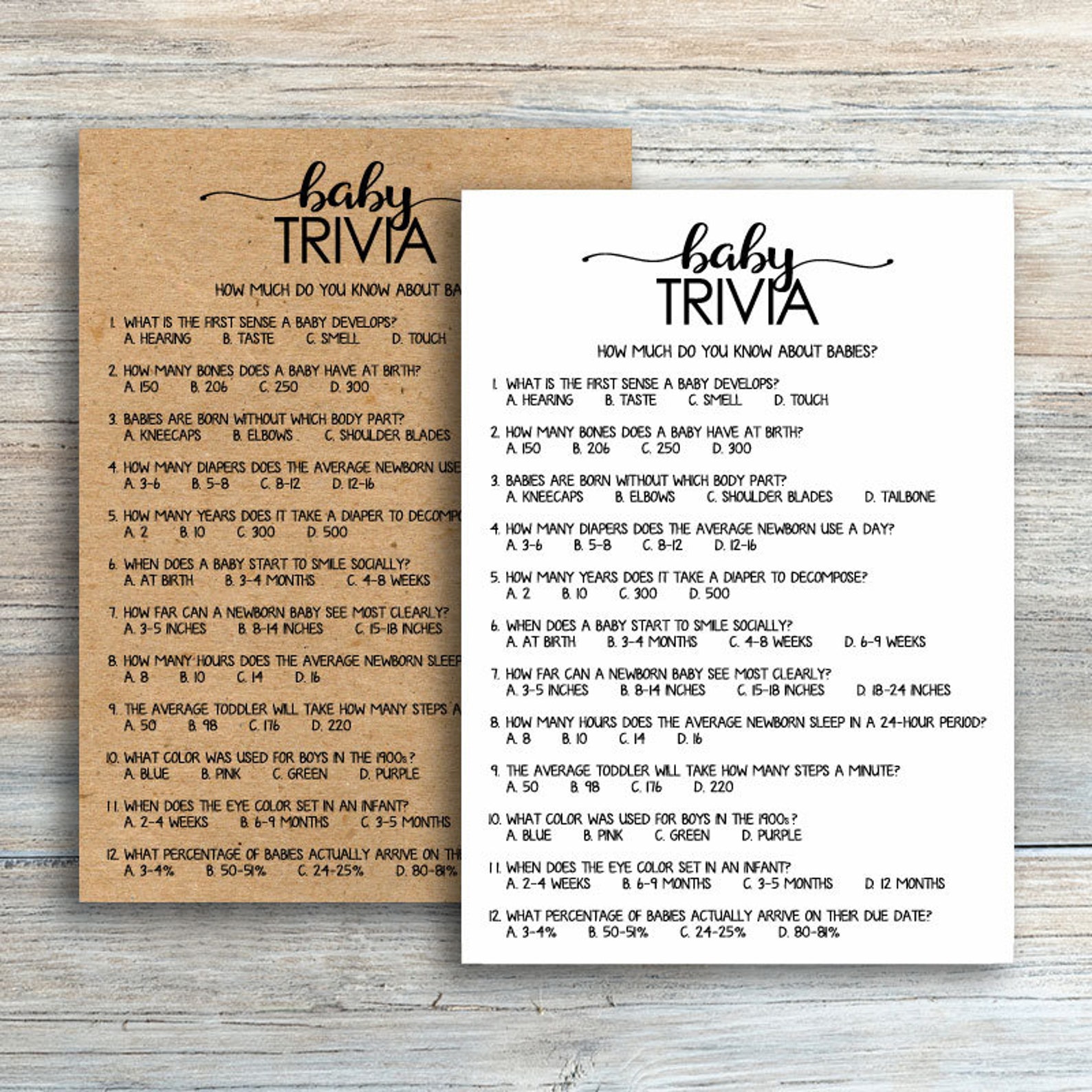 Baby Trivia Game Baby Shower Trivia Kraft Rustic Baby Shower - Etsy