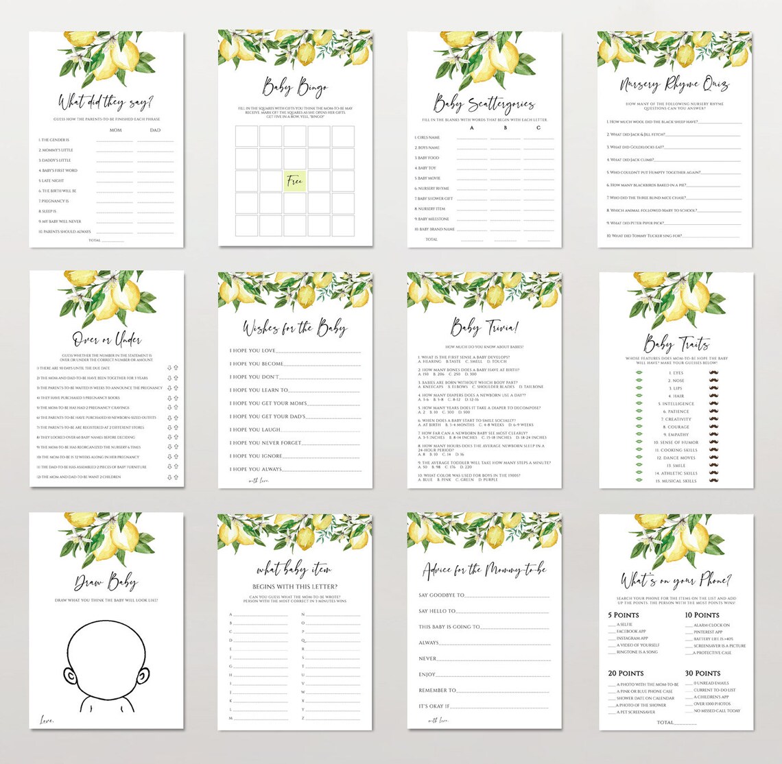 Citrus Lemon Baby Shower Games Bundle, Editable Baby Shower Games ...