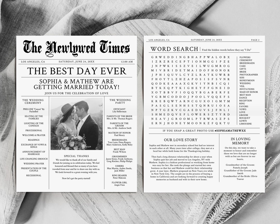 Newspaper Wedding Program, Printable Wedding Programs, Wedding Program ...