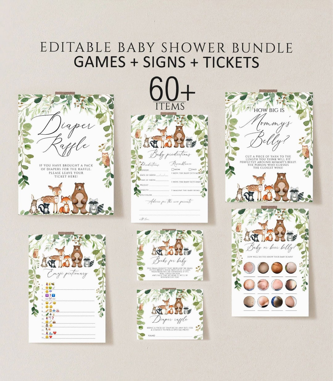 Woodland Editable Baby Shower Games, Printable Animal Baby Shower Games ...