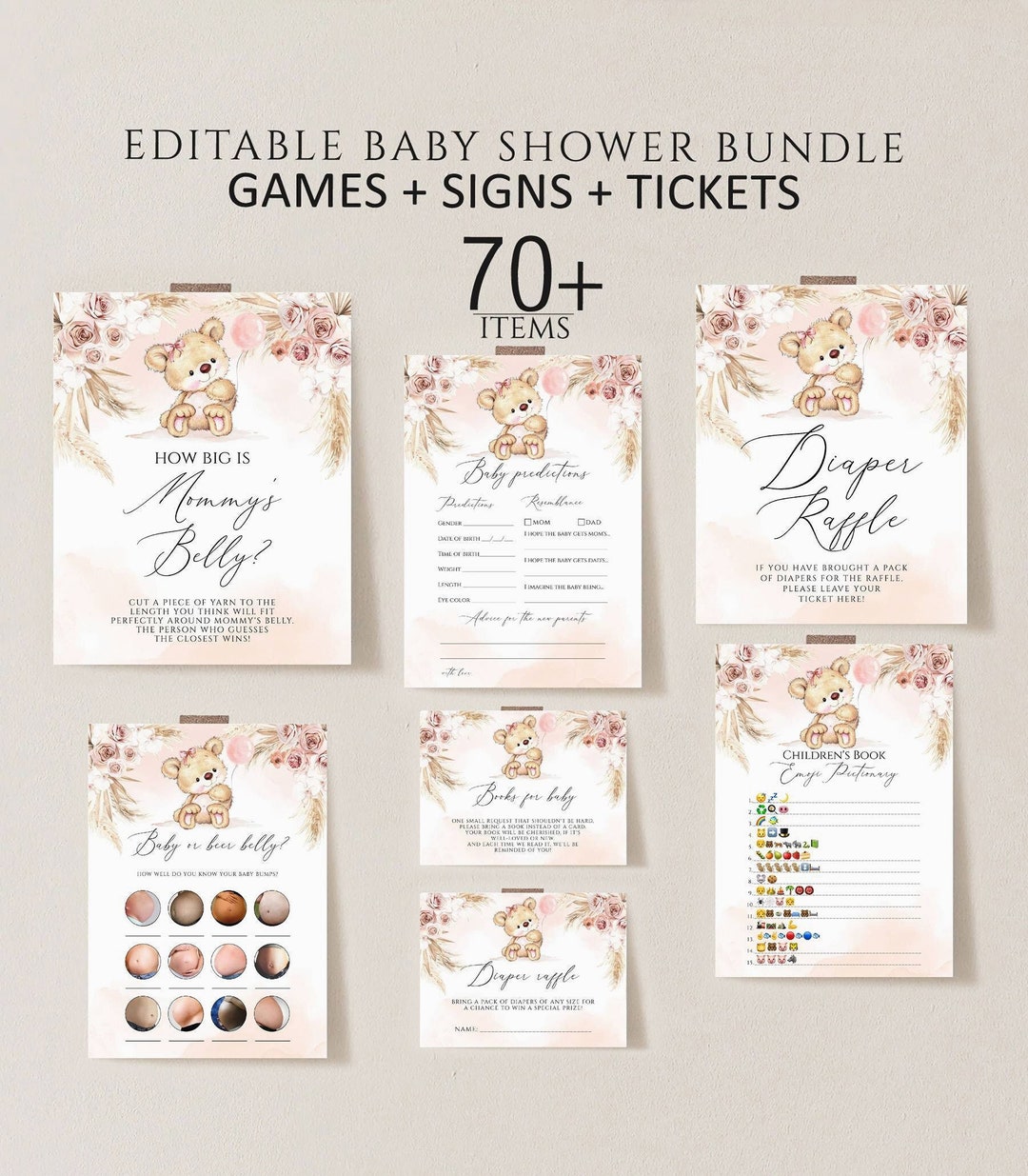Teddy Bear Baby Shower Games, Girl Baby Shower Game Bundle,bear Themed Bingo Emoji the Price is ...