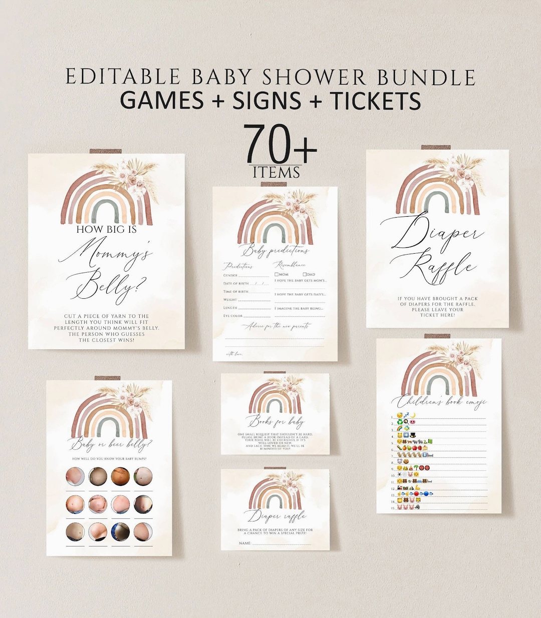Boho Rainbow Baby Shower Games Bundle, Pink Pampas Grass Boho Game ...