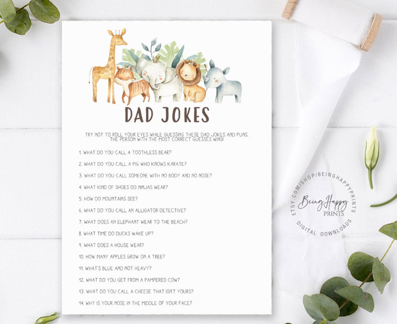 Dad Jokes Baby Shower Game, Printable Baby Shower Games, Safari Baby ...