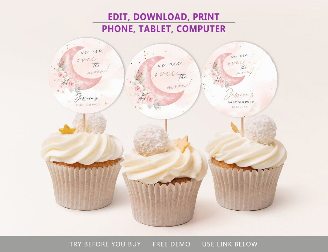 Editable Over the Moon Baby Shower Cupcake Toppers Pink Moon Cupcake ...