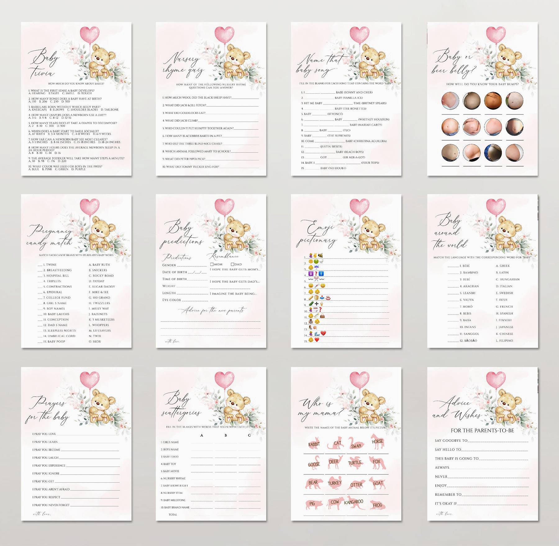 Teddy Bear Baby Shower Games Printable, Editable Baby Shower Games ...