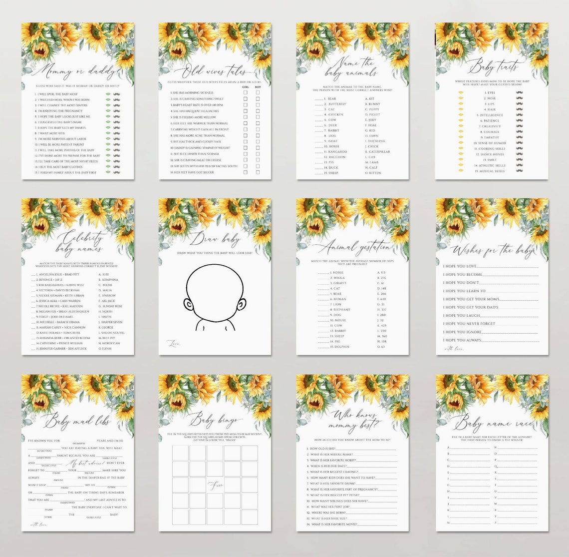 Sunflower Baby Shower Games, Editable Baby Shower Games Bundle, Baby ...