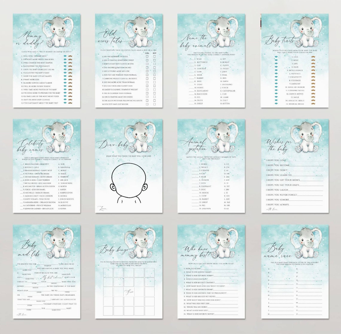Blue Elephant Baby Shower Game Package, Printable Elephant Baby Shower ...