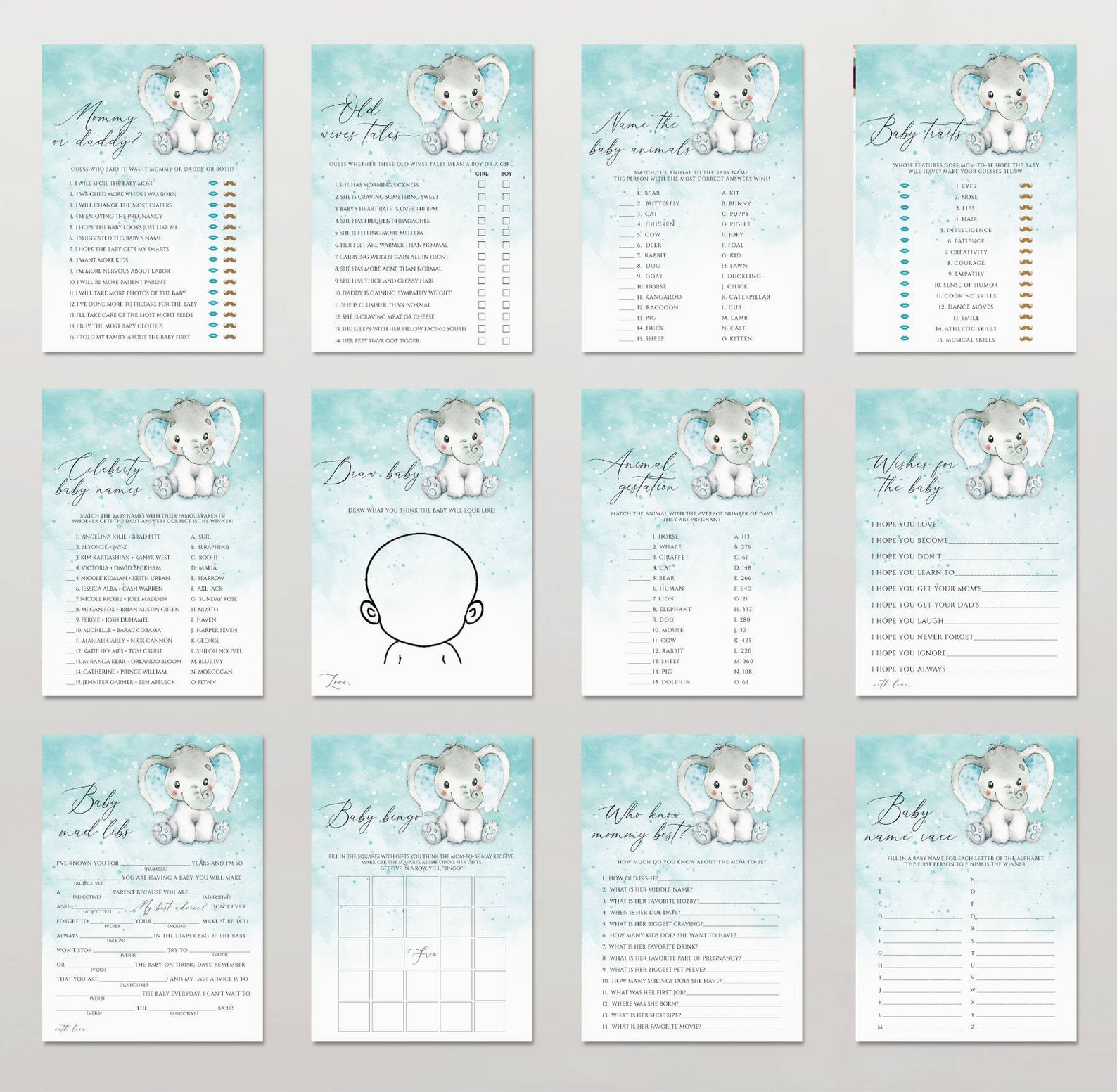 Blue Elephant Baby Shower Game Package Printable Elephant - Etsy