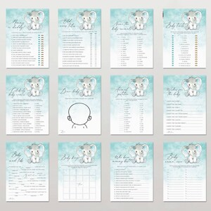 Blue Elephant Baby Shower Game Package, Printable Elephant Baby Shower ...