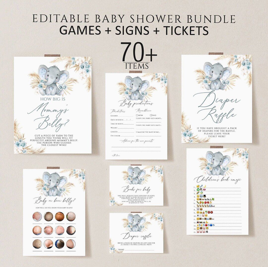 Editable Boho Elephant Baby Shower Game Bundle, Blue Elephant Shower ...