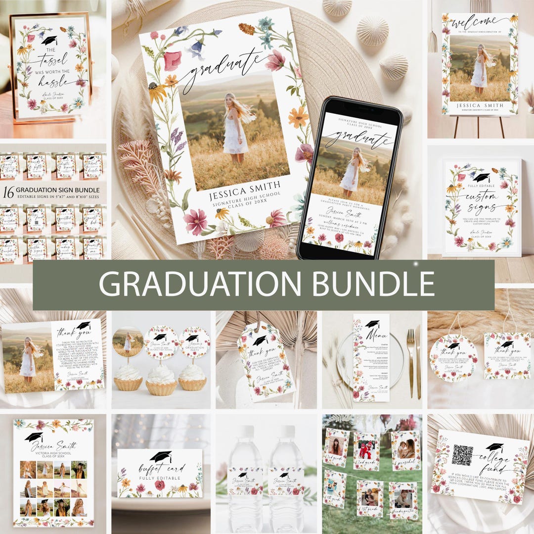Wildflower Graduation Invitation Bundle, Editable Party Decor Template ...