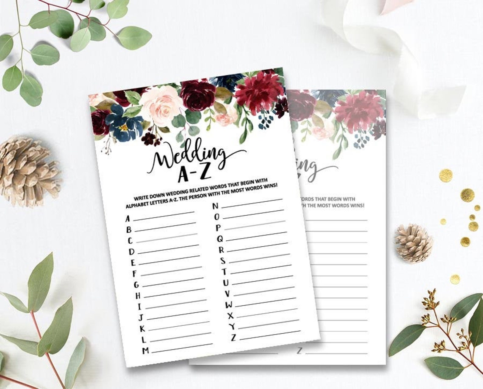 Marsala Wedding A-Z Game Bridal Shower Games Printable Bridal | Etsy