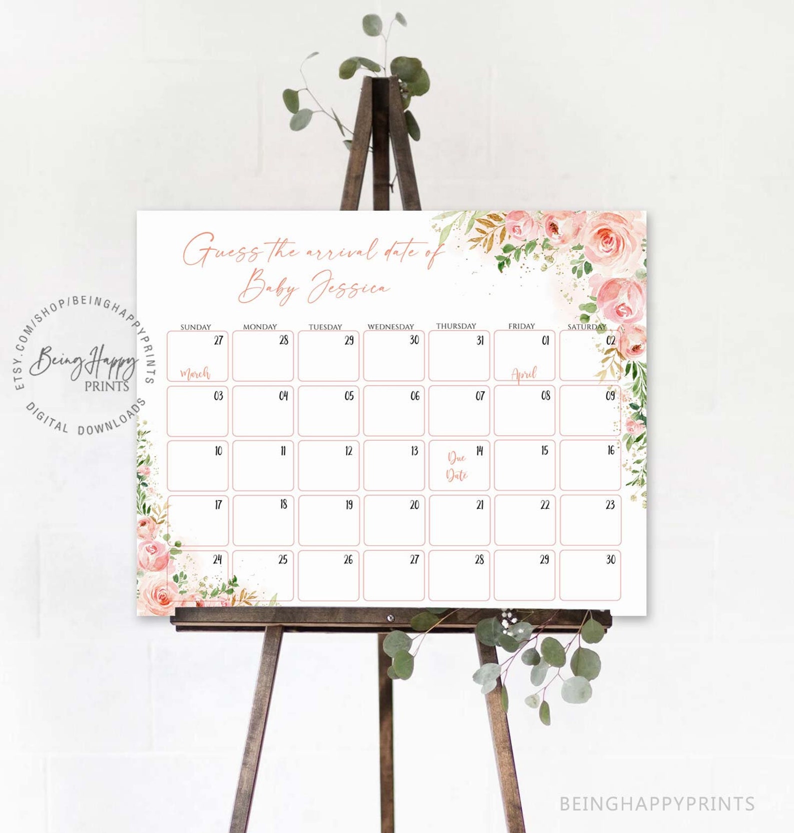 Pink Floral Baby Due Date Calendar, Guess Baby's Birth Date,guess Baby ...