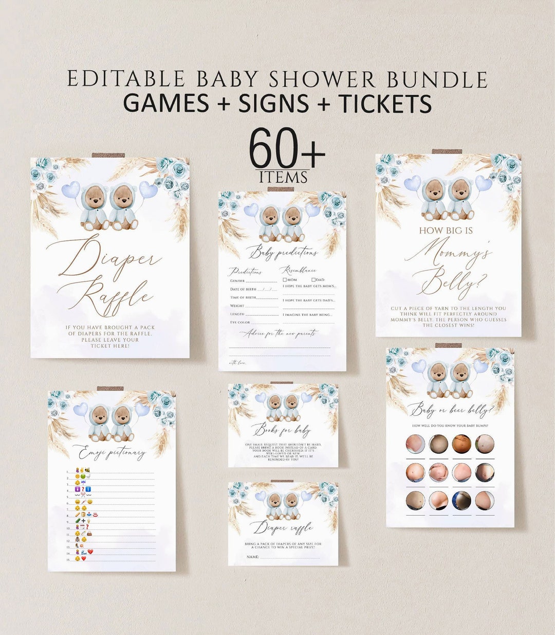 Twin Boys Baby Shower Games Printable, Boho Baby Shower Game Bundle ...