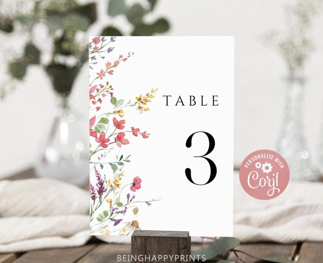 Wildflower Table Number Card Template, Wedding Table Number, Printable ...