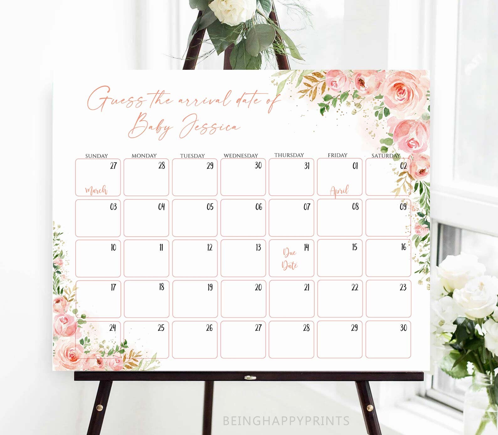 Pink Floral Baby Due Date Calendar, Guess Baby's Birth Date,guess Baby ...