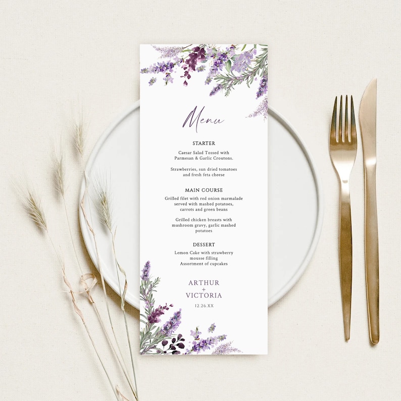 Wedding Menu Template Lavender Wedding Menu Modern Wedding | Etsy